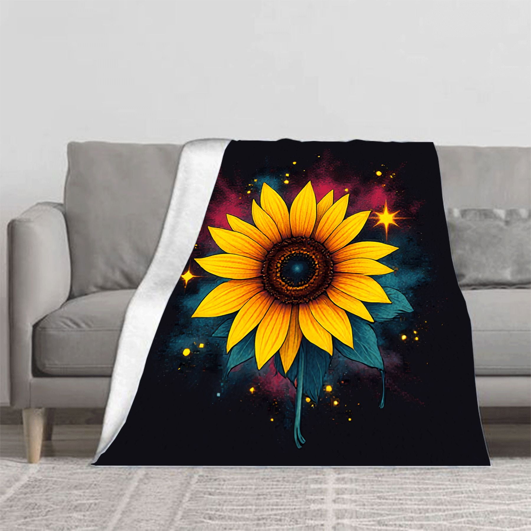 Durable Soft & Warm Flannel Blanket - Cozy Starry Sunflower Design for Sofa Travel Bed & Chair ...