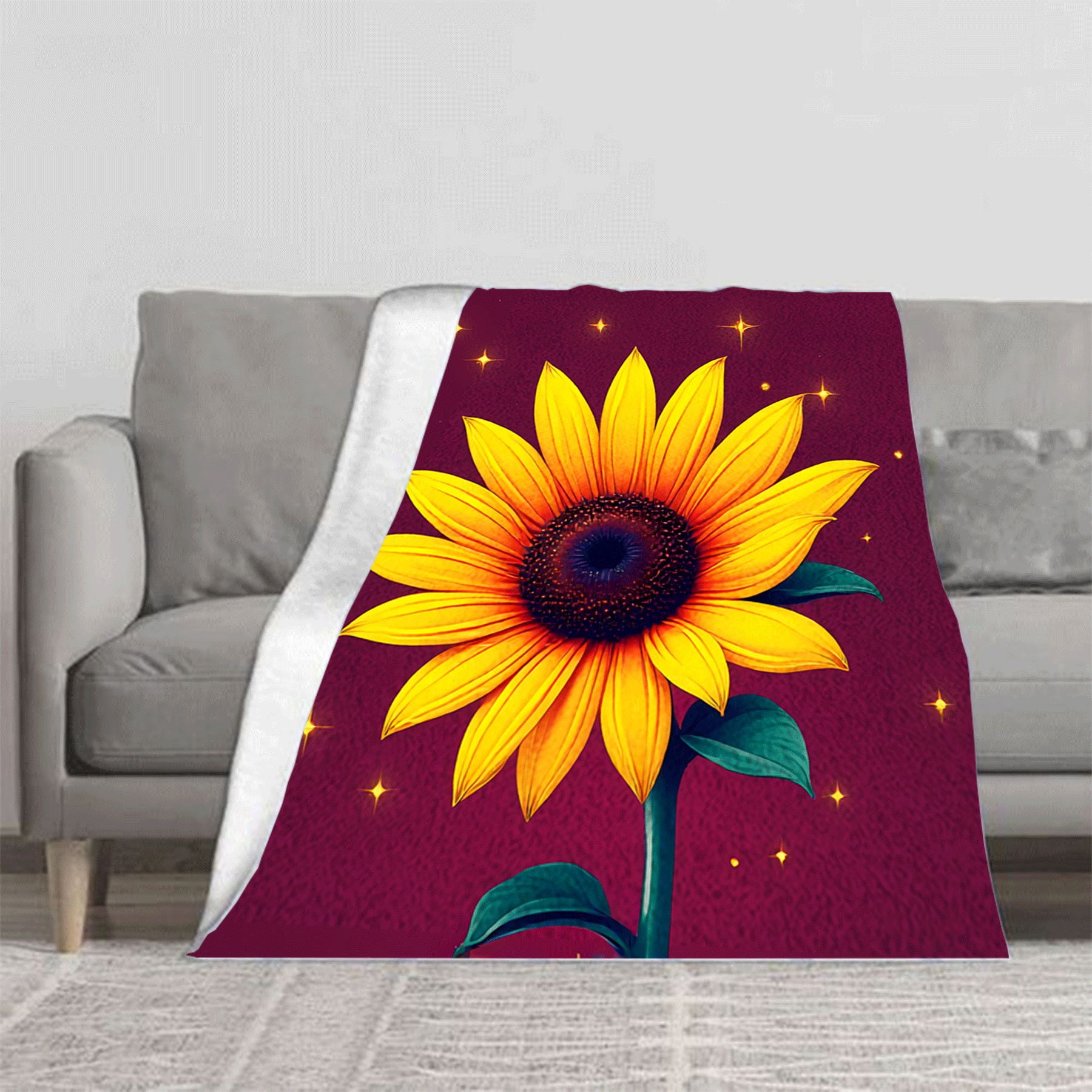 Durable Soft & Warm Flannel Blanket - Cozy Sunflower Design Rich Maroon ...