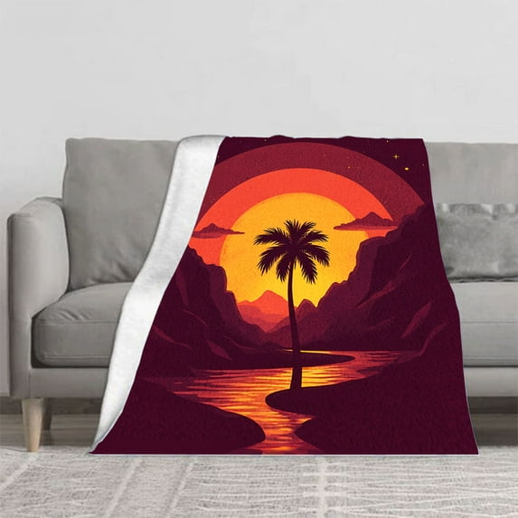 Durable Soft & Warm Flannel Blanket - Cozy Sunset Palm Tree Design for ...