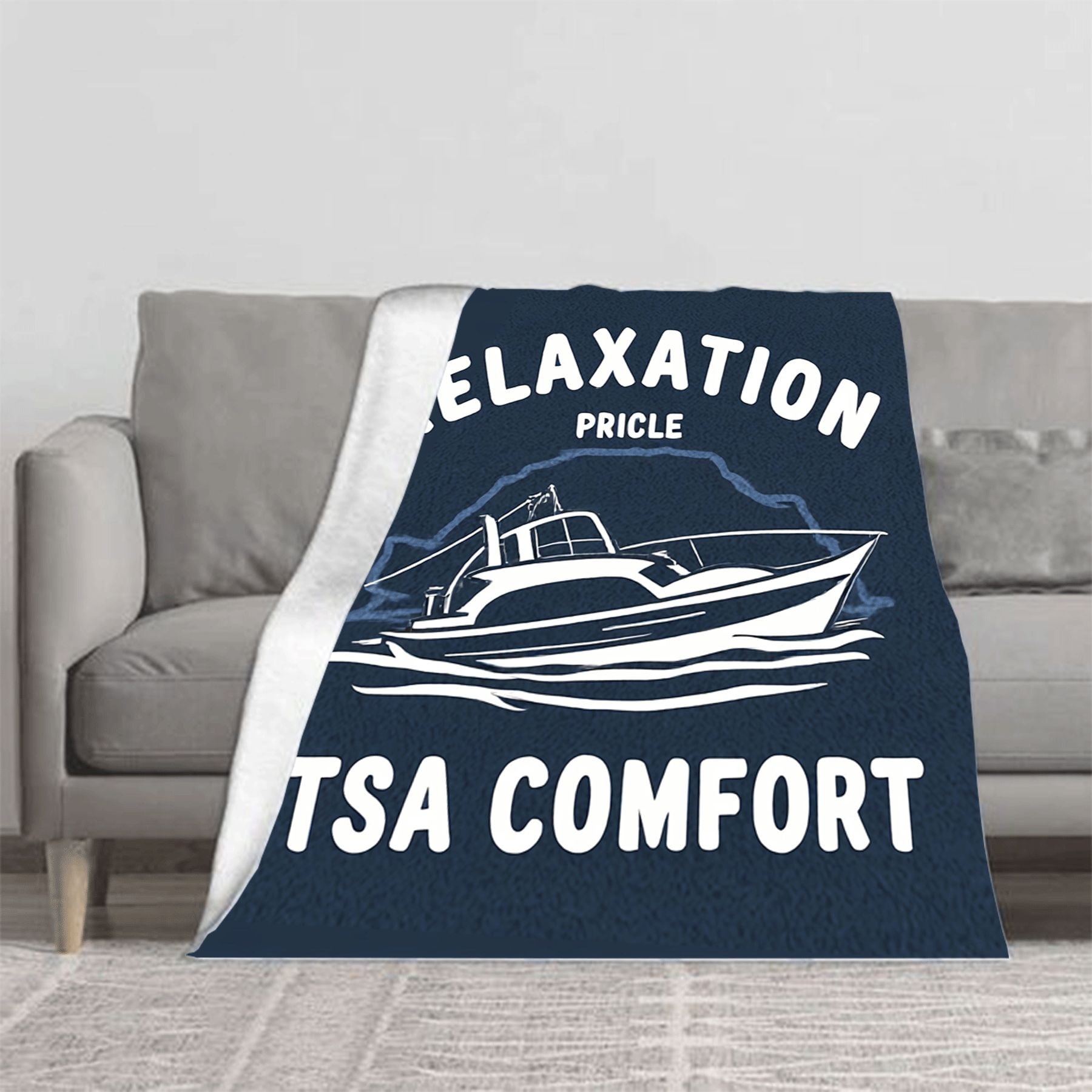 Durable Soft & Warm Flannel Blanket - Cozy White Boat Design Dark Blue ...