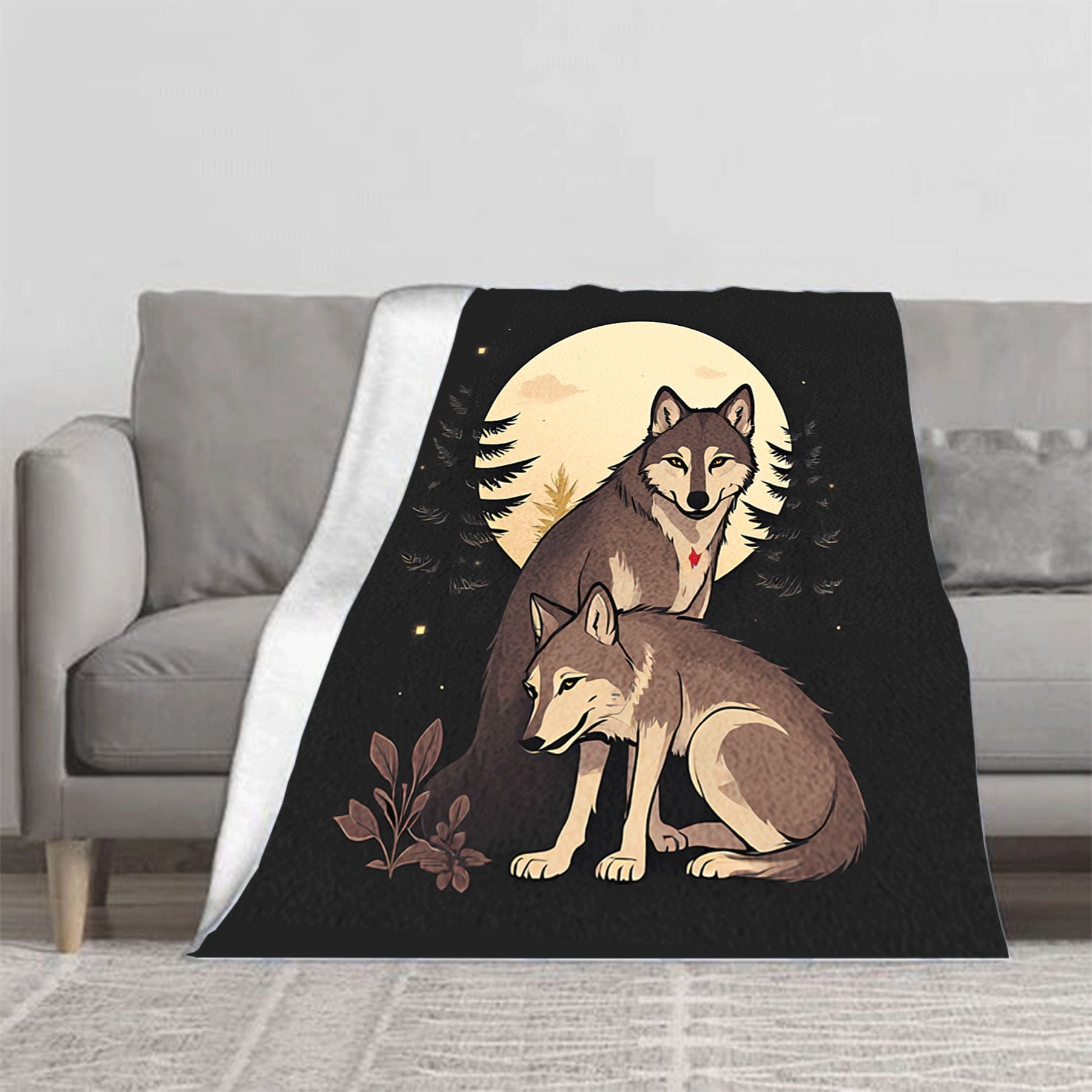 Durable Soft & Warm Flannel Blanket - Cozy Wolves Under Full Moon ...