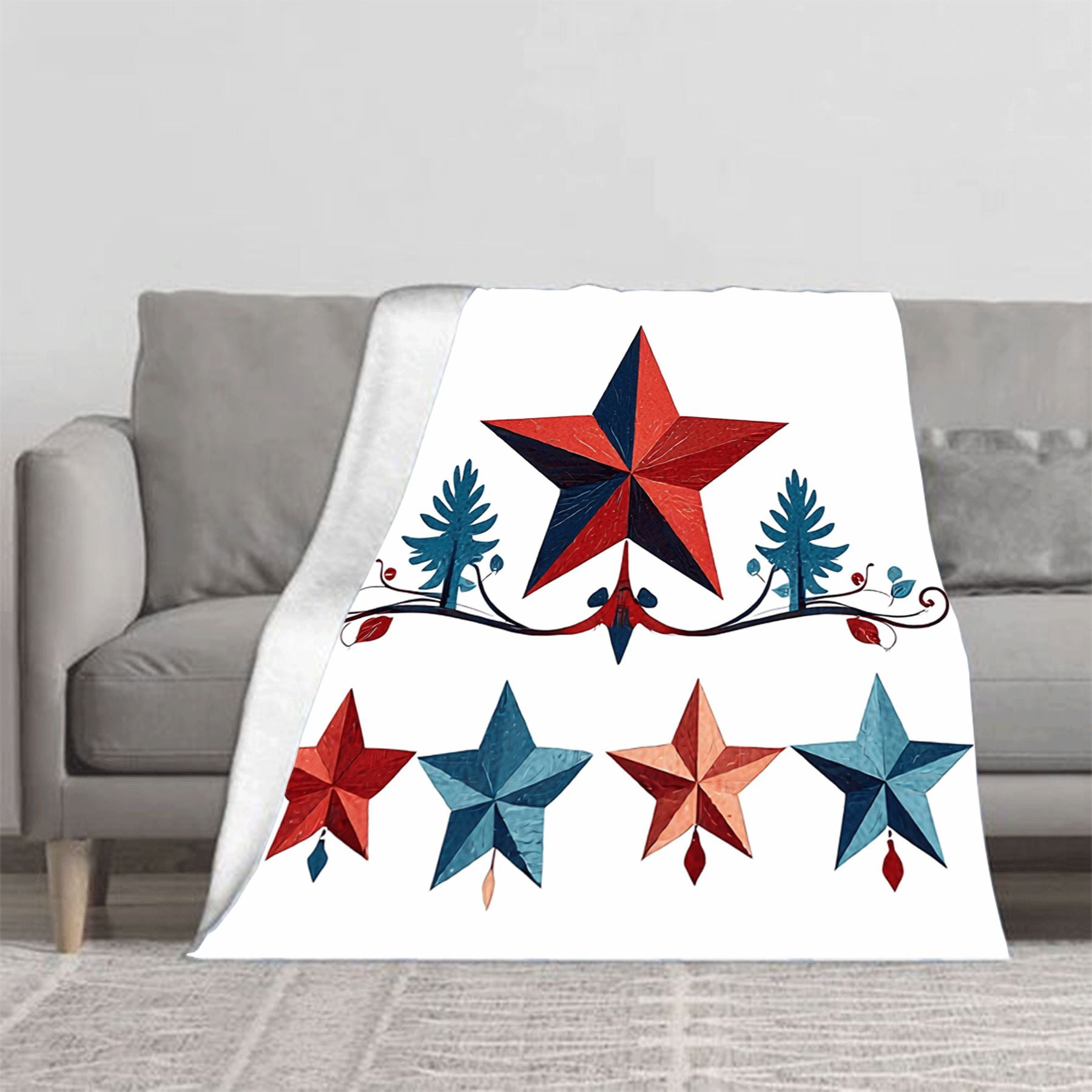 Durable Soft & Warm Flannel Blanket - Festive Red Star Design with Blue ...