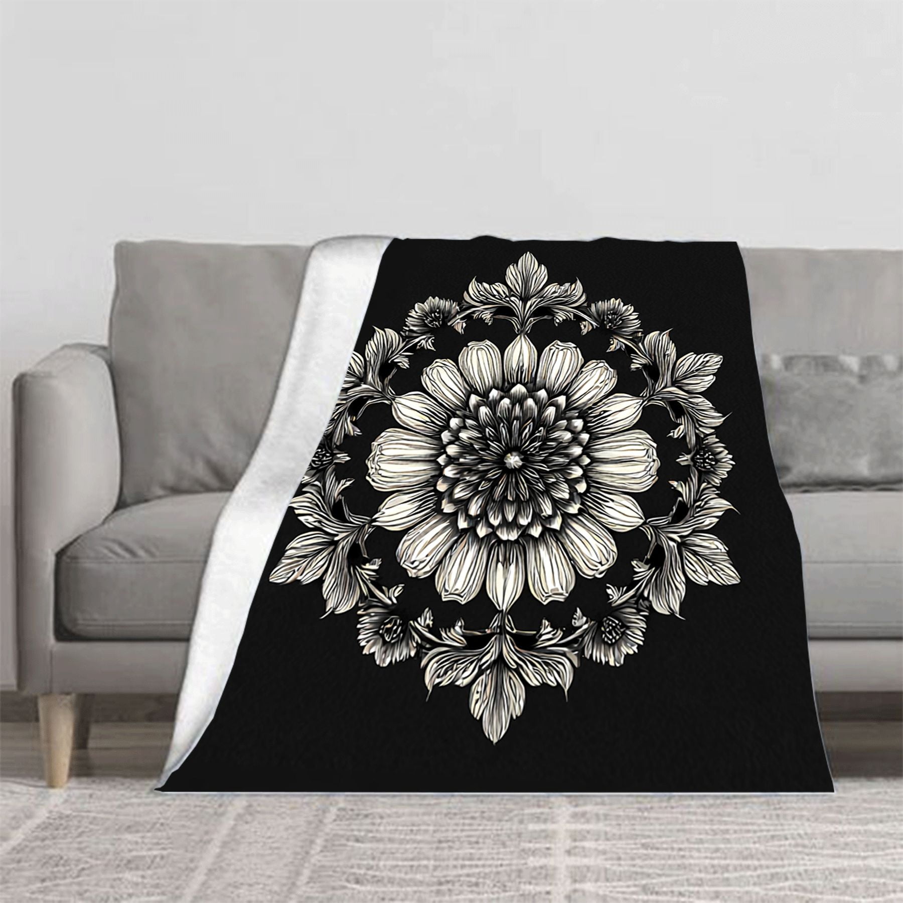 Durable Soft & Warm Flannel Blanket - Monochromatic Floral Design Cozy ...