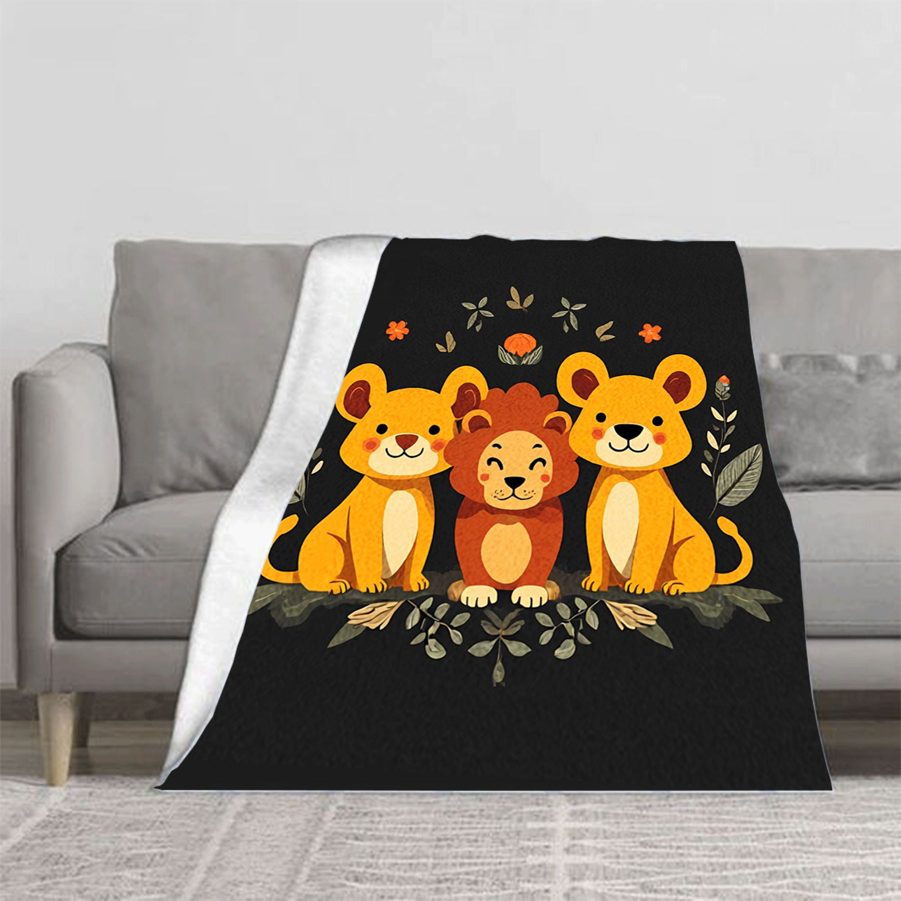 Durable Soft & Warm Flannel Blanket - Whimsical Cartoon Lions with ...