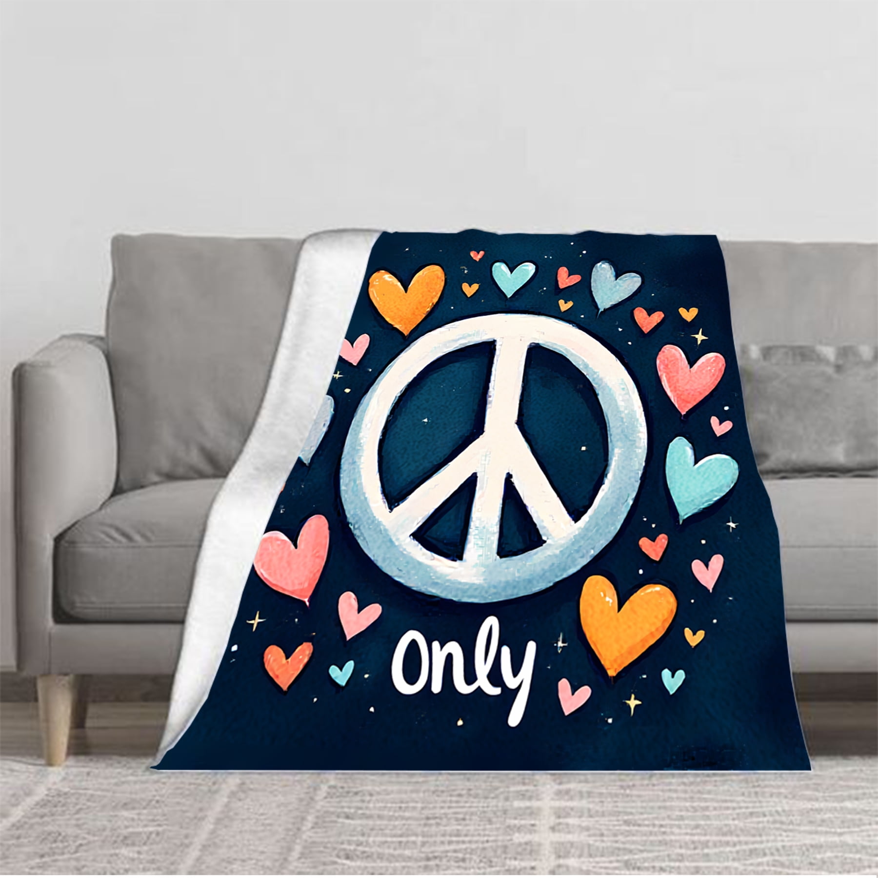 Durable Soft and Warm Flannel Blanket with Colorful Hearts and Peace ...