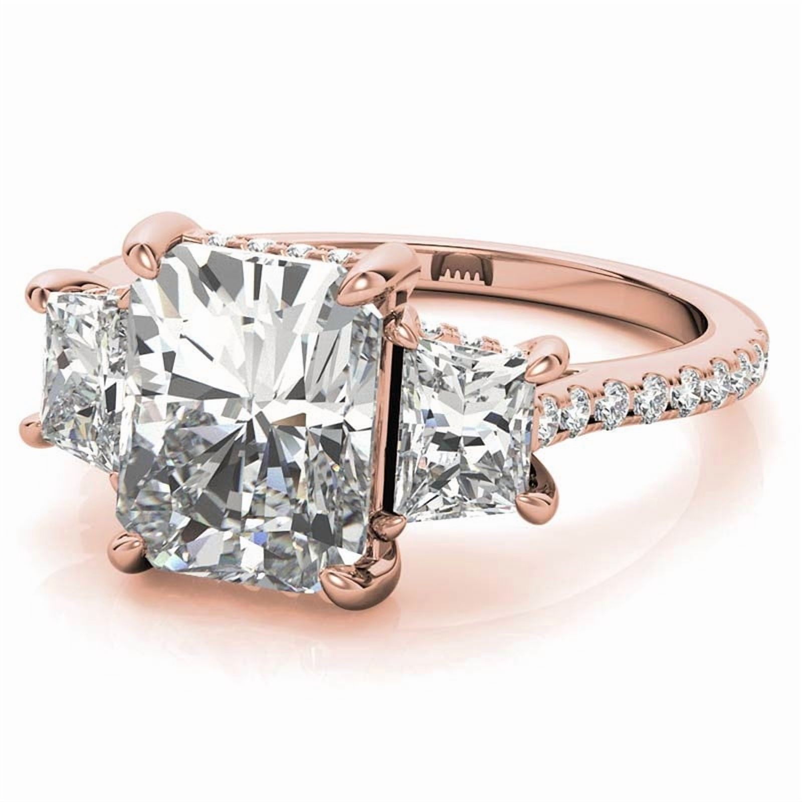 Durable Three Stone Radiant Cut Engagement Ring for Fiancee in Rose ...