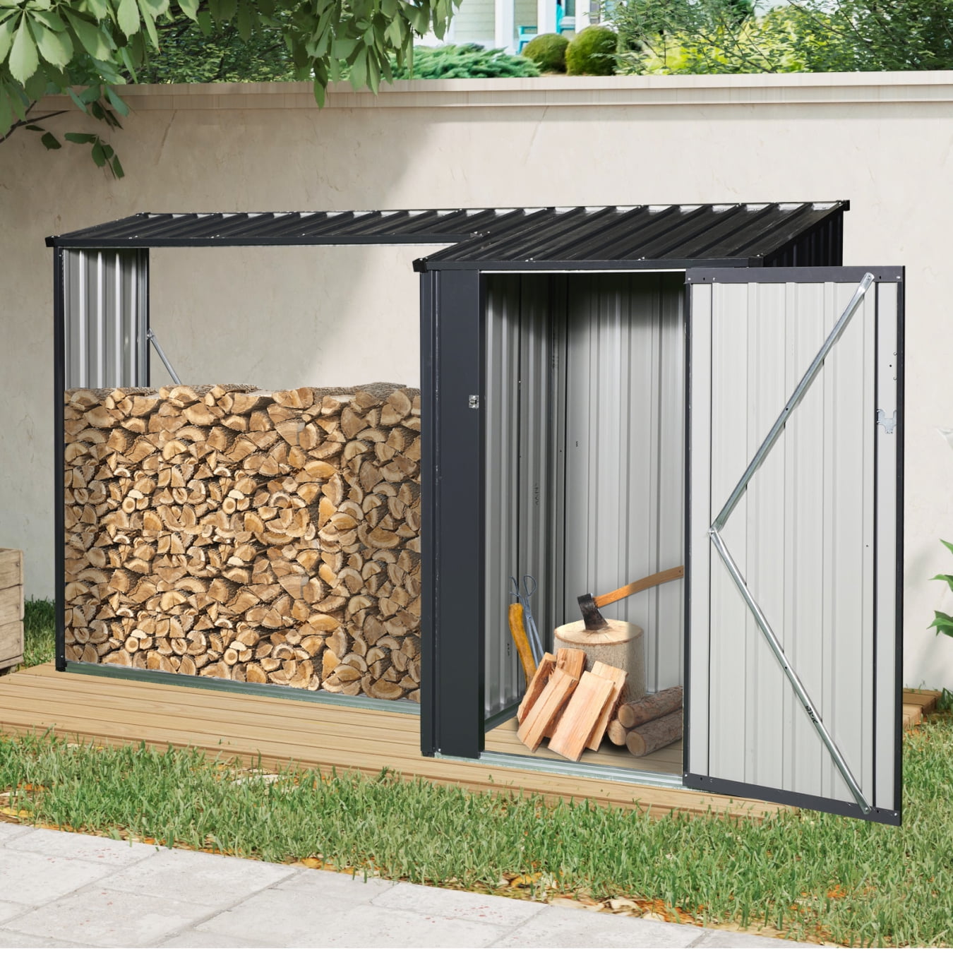 Durable Two-in-One Steel Firewood Rack & Tool Shed, Weather-Resistant ...