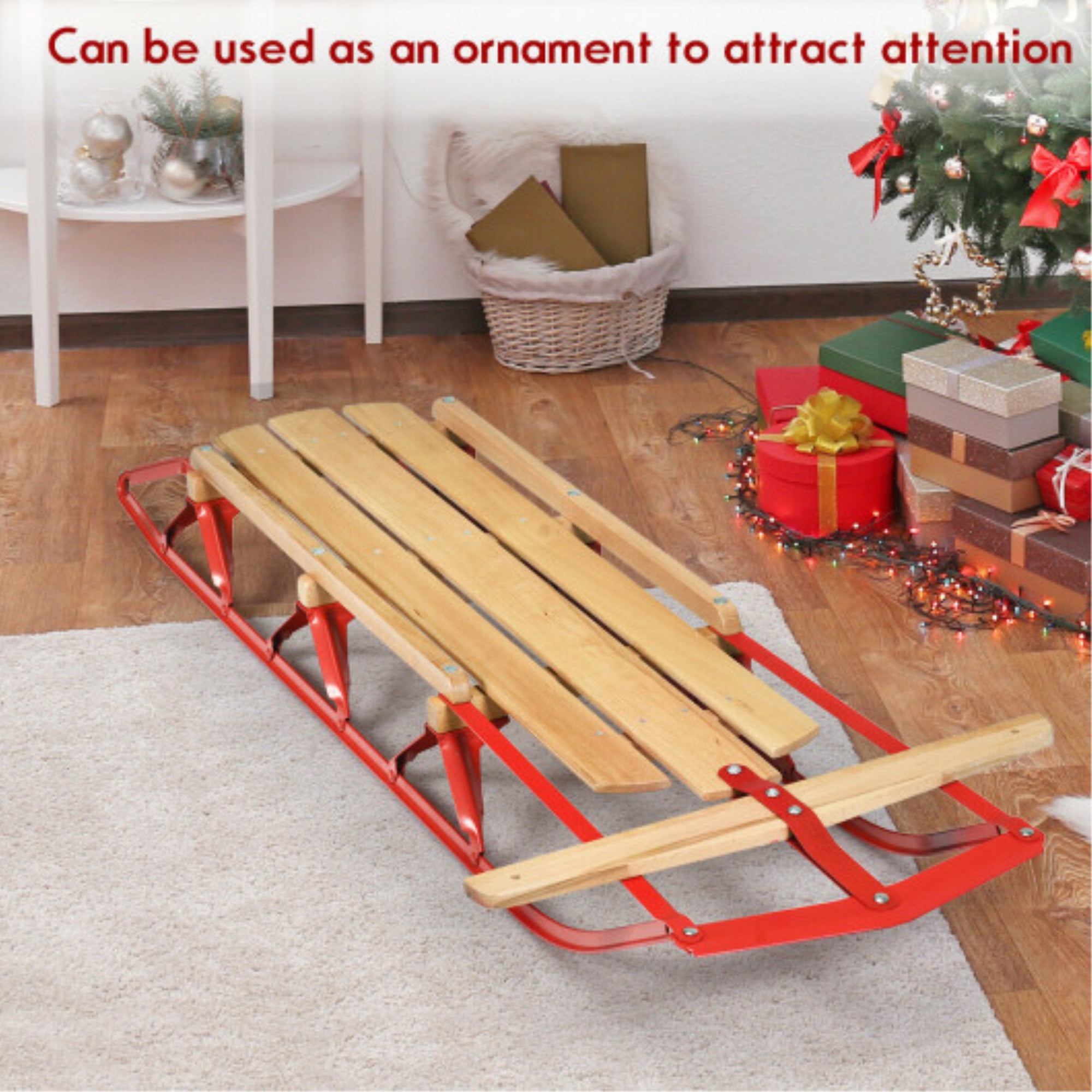 Durable Wood and Steel Snow Sled with Steering Bar and Metal Runners ...