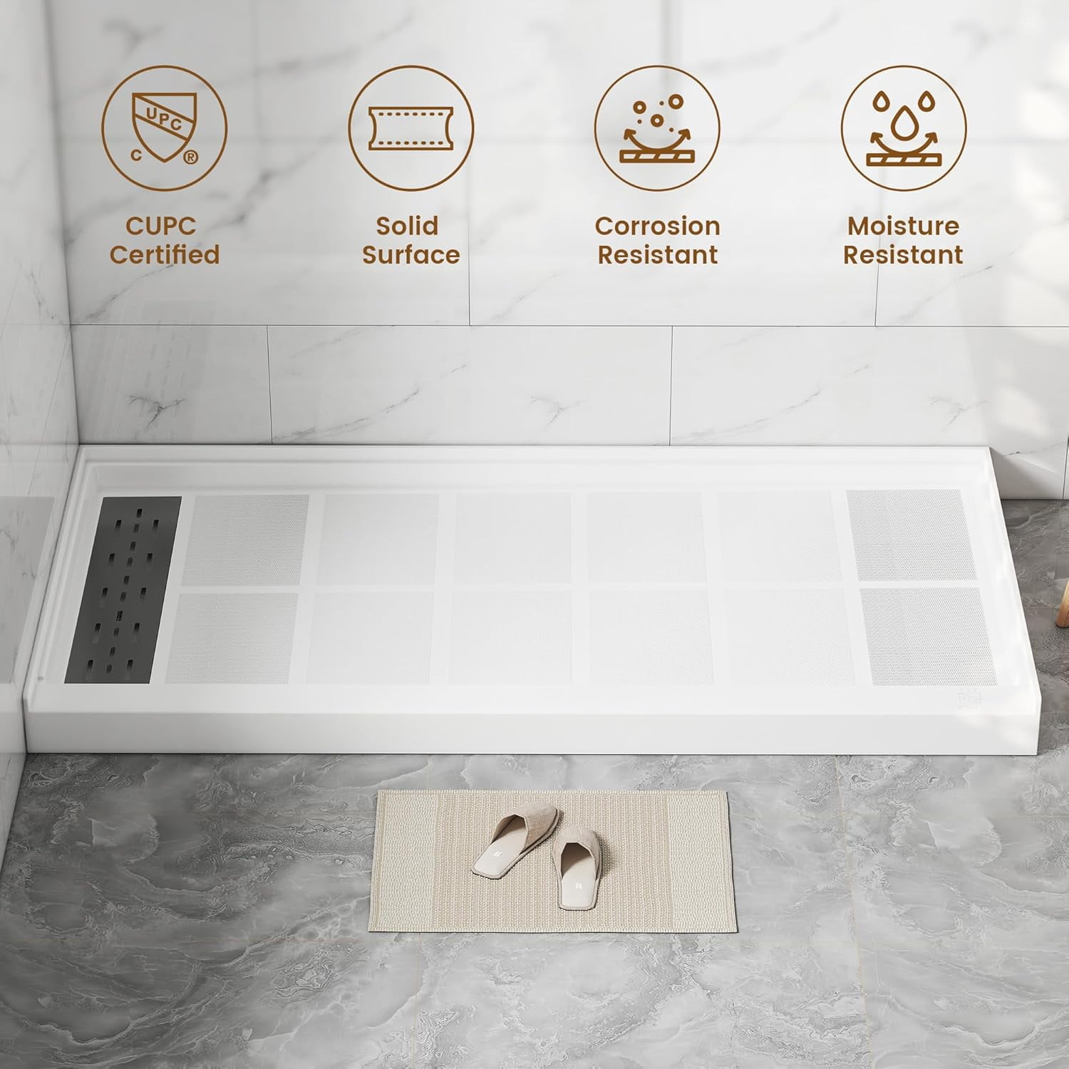 Durable and Safe SMC Shower Base 60" x 30", Left Drain, Slip-Resistant ...