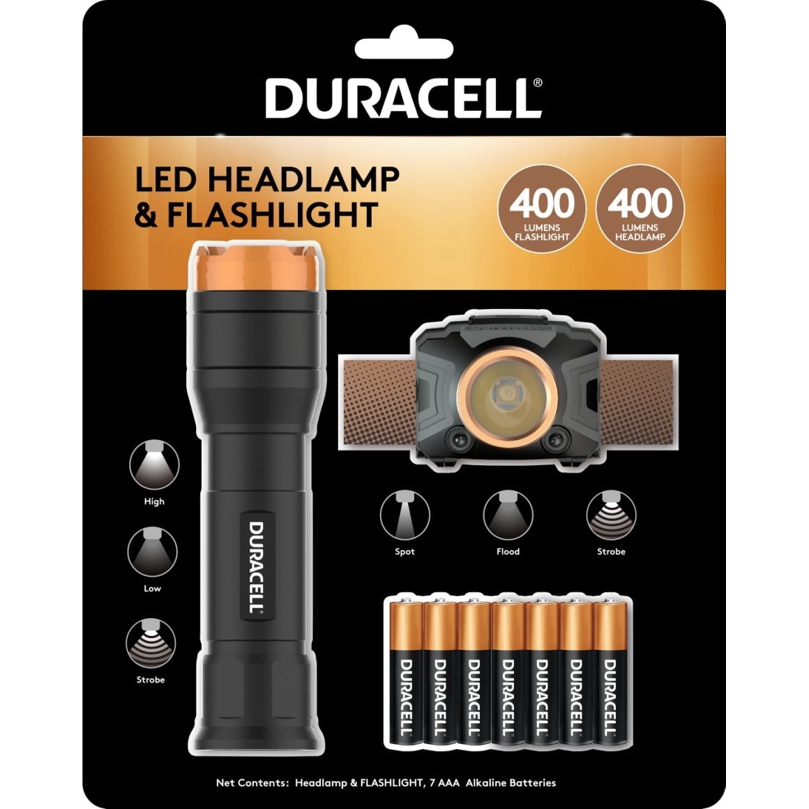Duracell 2 Pack 400 Lumen LED Flashlight & Headlamp. 7 AAA Batteries ...