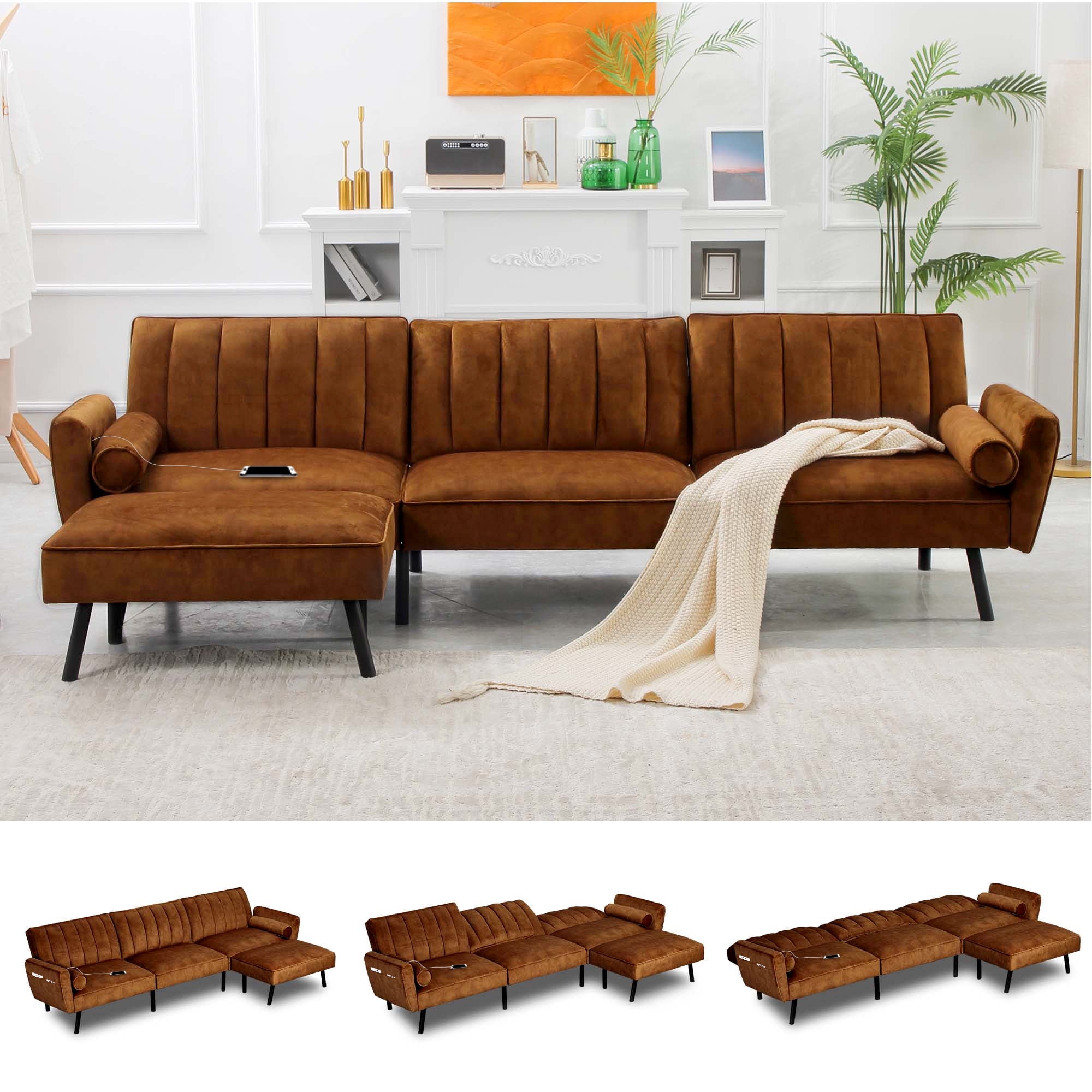 Duraspace Velvet Sleeper Sofa with USB, Adjustable Back & Ottoman ...