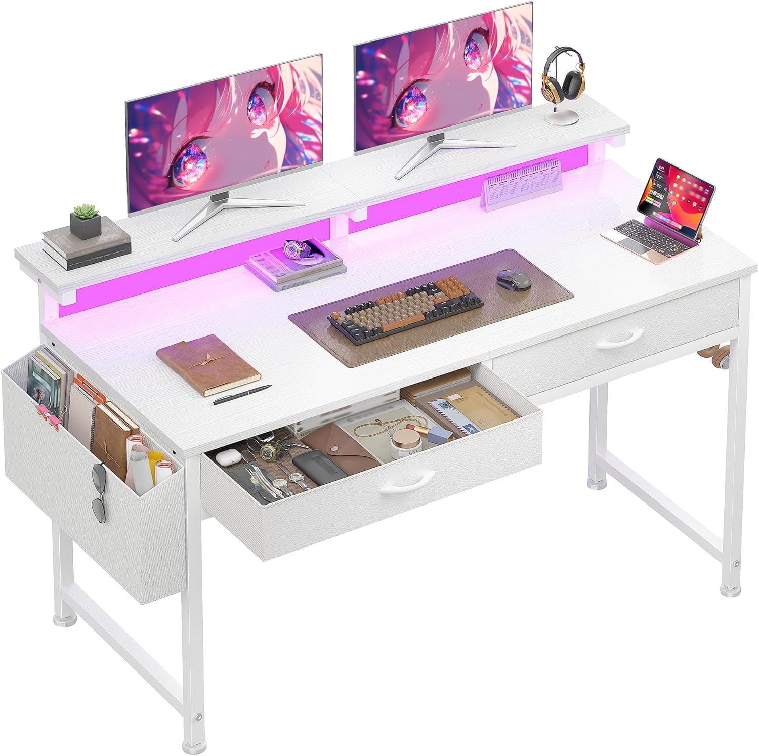 DurayLoly 47.3 Inch Computer Desk with 2 Drawers & LED Lights, Home ...