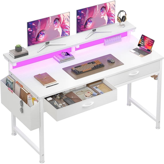 DurayLoly 47.3 Inch Computer Desk with 2 Drawers & LED Lights, Home ...