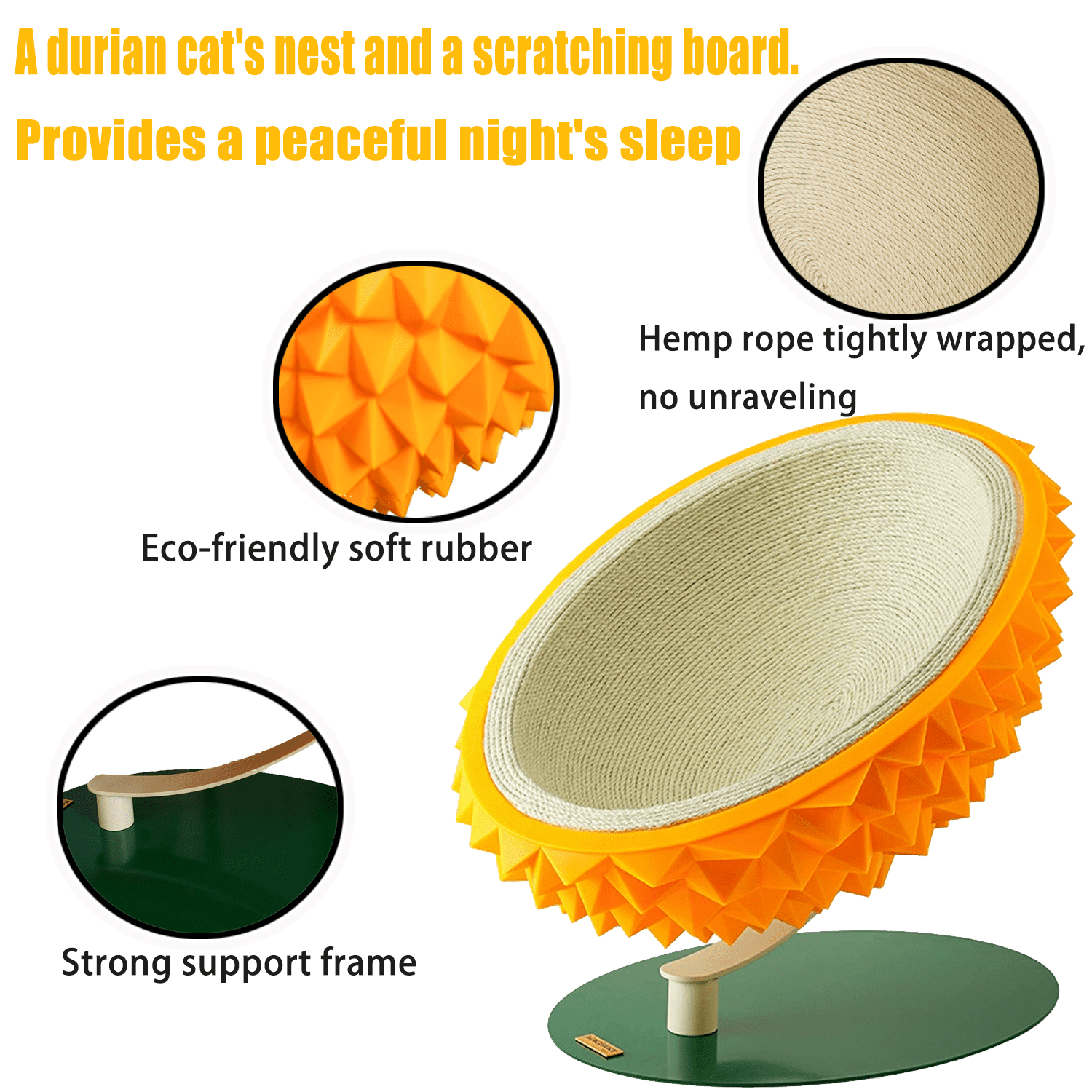 Durian Shape Cat Scratching Bed & House – 3-in-1 Sisal Rope Scratching ...