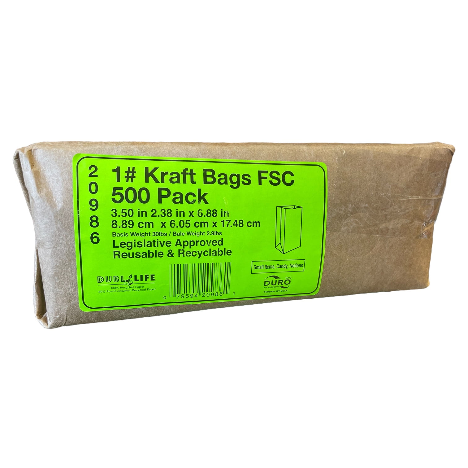 Duro 1# Brown Paper Kraft Bags, 500 Count, 3 1⁄2" x 2 3⁄8" x 6 7⁄8 ...