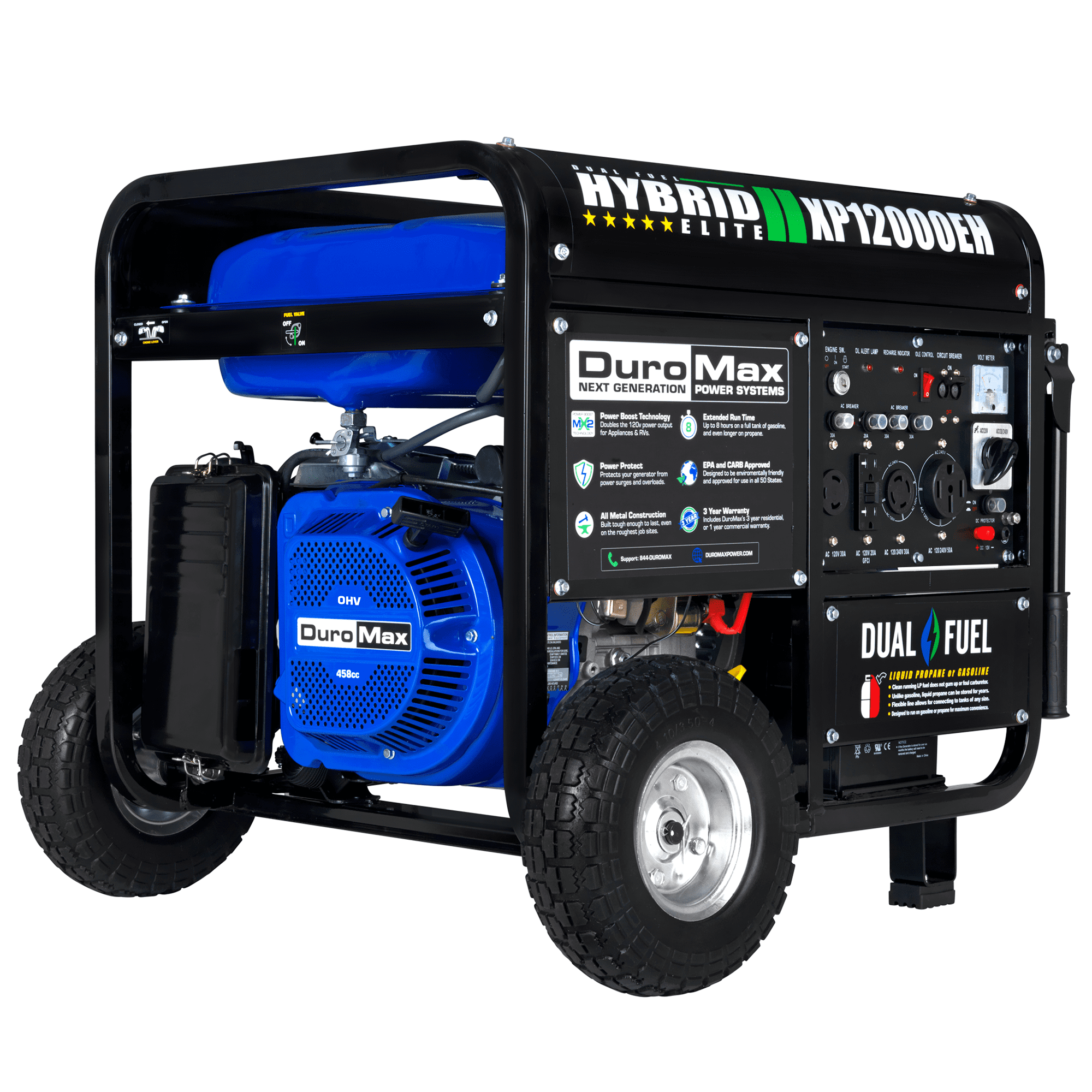 DuroMax XP12000EH 12,000 Watt Hybrid Portable Dual Fuel Gasoline Power ...