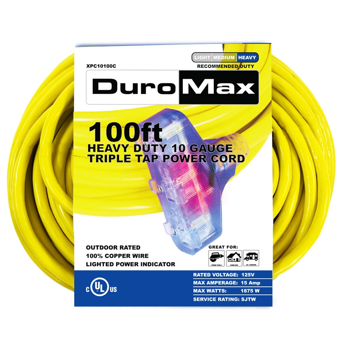 DuroMax XPC10100C 100-Foot 10 Gauge Triple Tap Extension Power Cord ...