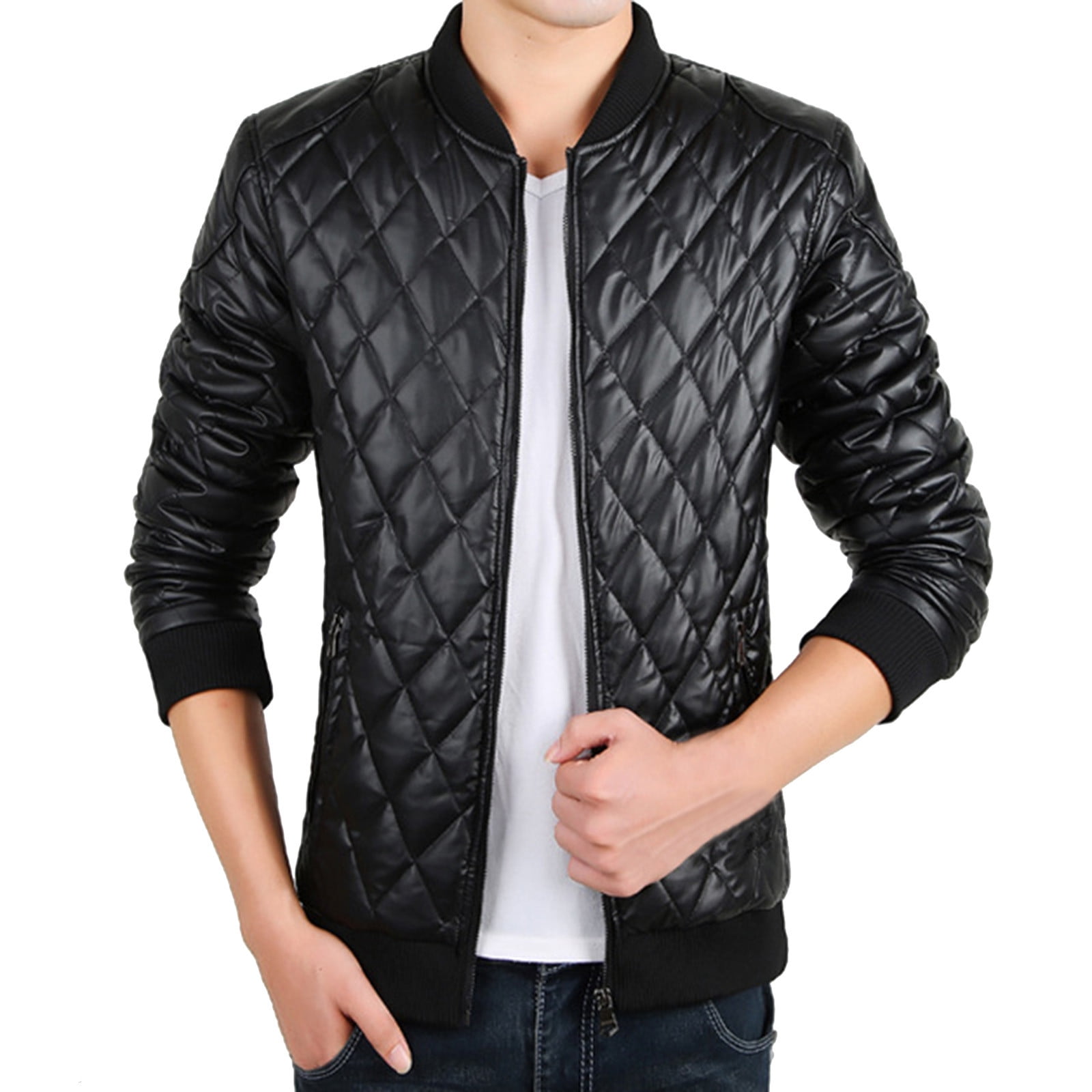Durtebeua Leather Jacket Men Plus Long Sleeve V-Neck Leather Jacket ...
