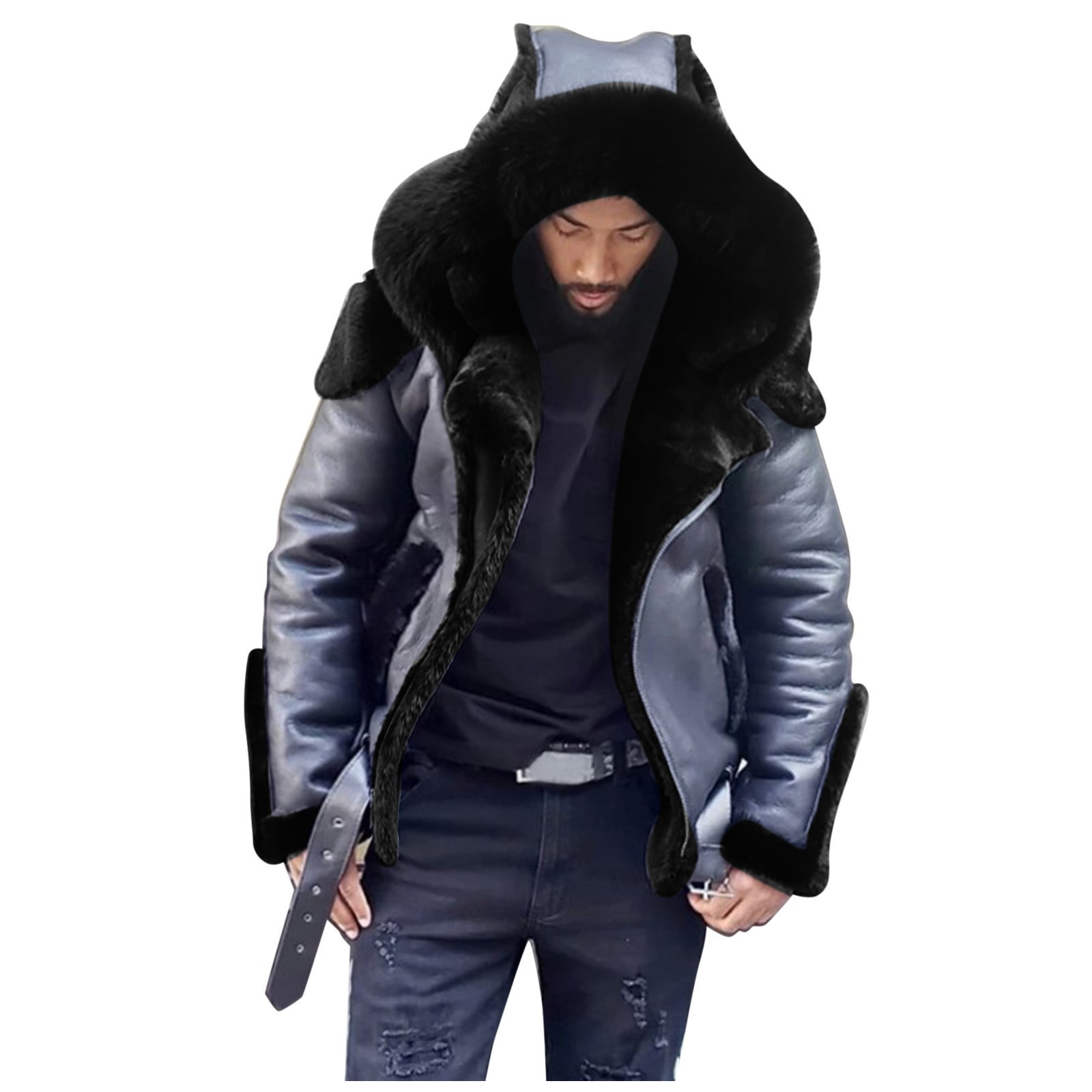 Durtebeua Long Sleeve V-Neck Leather Jacket Warm Fit Thick Leather Coat ...