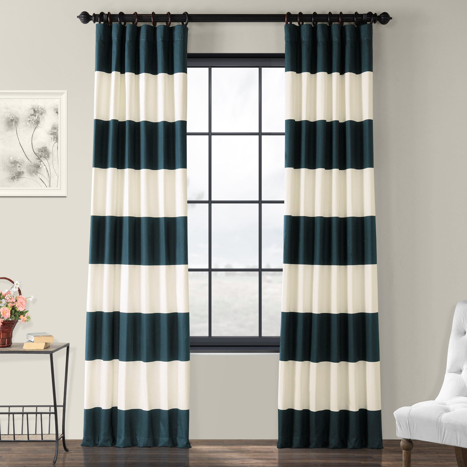 Dusk Blue & Off White Horizontal Stripe Curtain (1 Panel), Dusk Blue ...