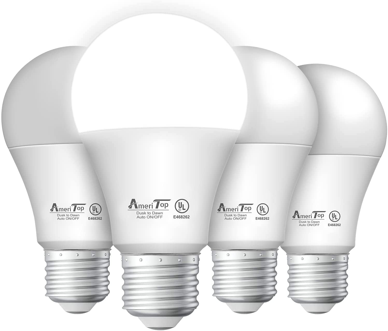 Dusk to Dawn Light Bulb- 4 Pack, AmeriTop A19 LED Sensor Light Bulbs; UL Listed, Automatic On ...