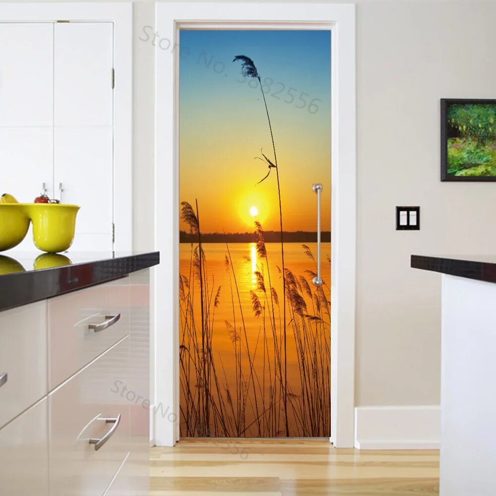 Dusk Flowing Water Door Sticker 3D Sunflower Beach Natural Scenery ...