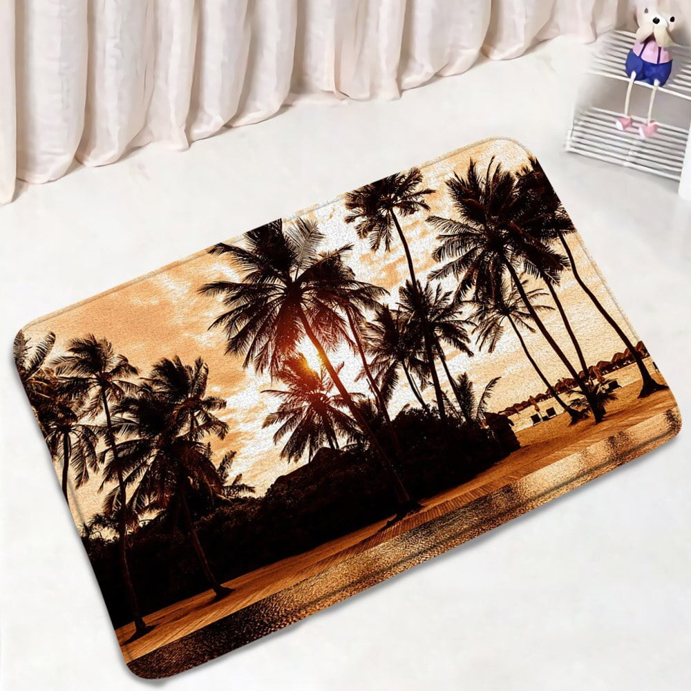 Dusk Ocean Landscape Bath Mat Set Beach Coconut Tree Sunset Nature ...