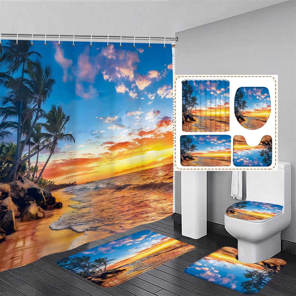 Dusk Ocean Landscape Shower Curtain Set Beach Palm Trees Sea Waves ...