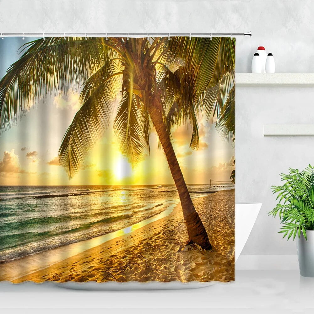 Dusk Sunset Beach Shower Curtains 3D Print Tropical Ocean Palm Tree Sea ...