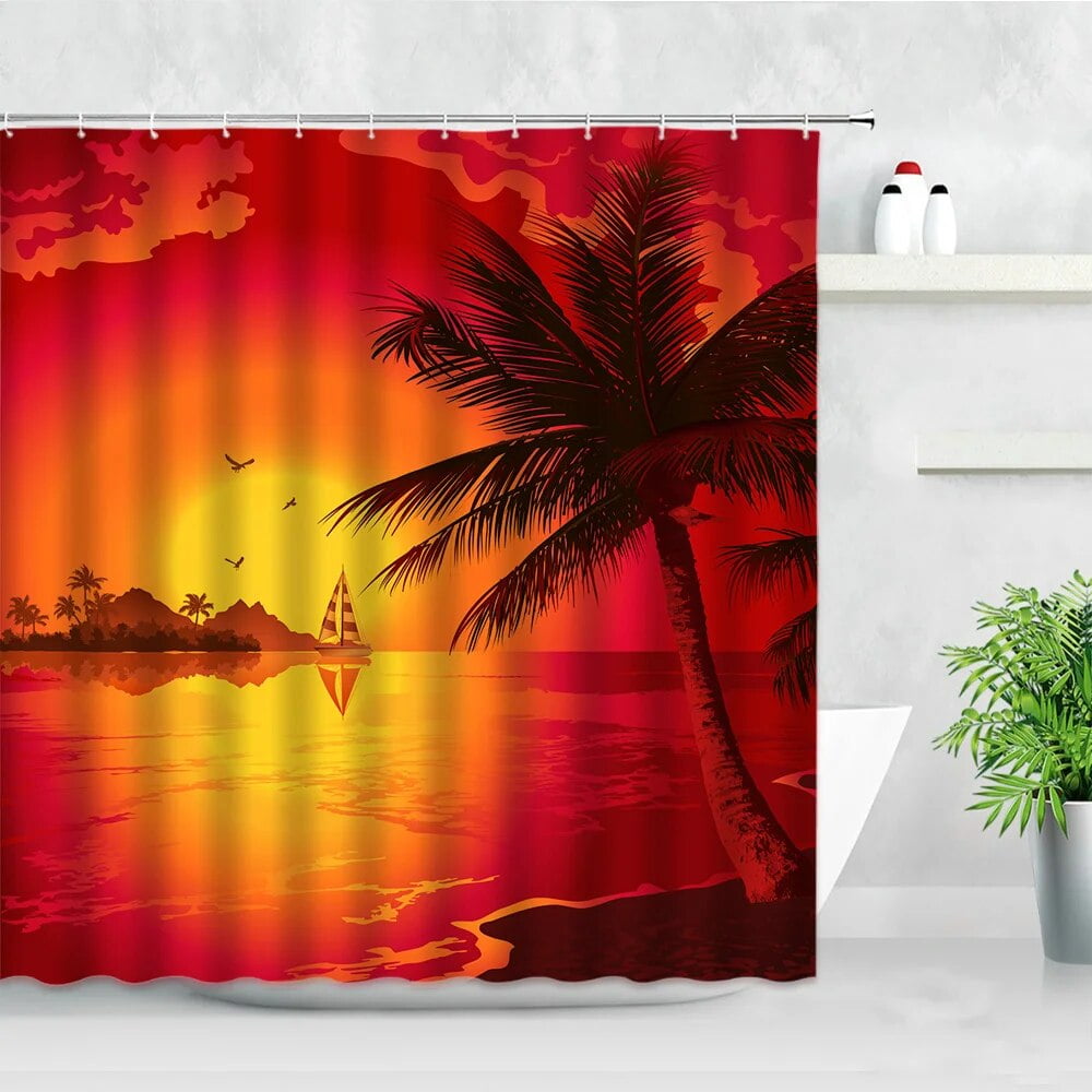 Dusk Sunset Beach Shower Curtains 3D Print Tropical Ocean Palm Tree Sea ...