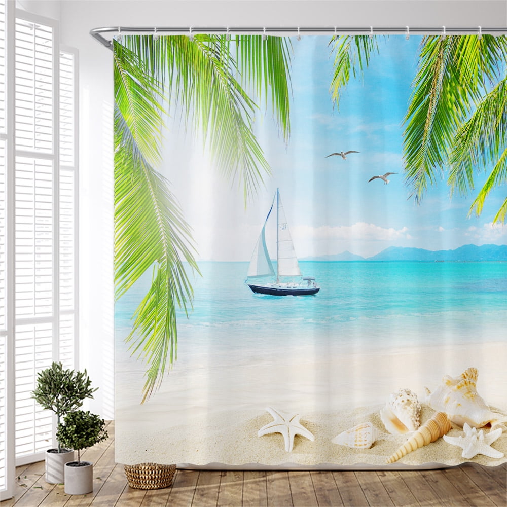 Dusk Sunset Beach Shower Curtains 3D Print Tropical Ocean Palm Tree Sea ...