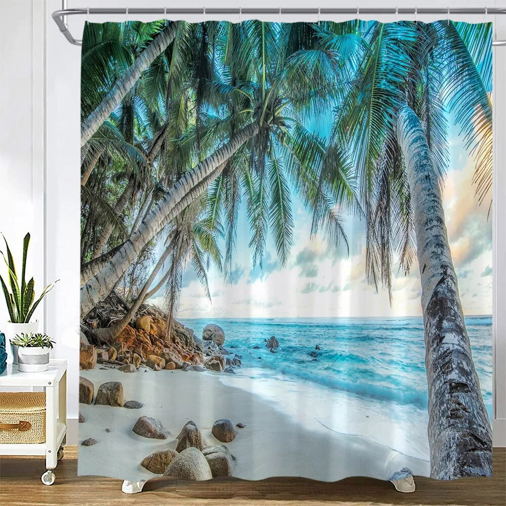 Dusk Sunset Beach Shower Curtains Tropical Ocean Palm Tree Forest ...
