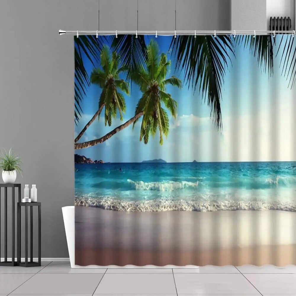 Dusk Sunset Beach Shower Curtains Tropical Ocean Palm Tree Forest ...