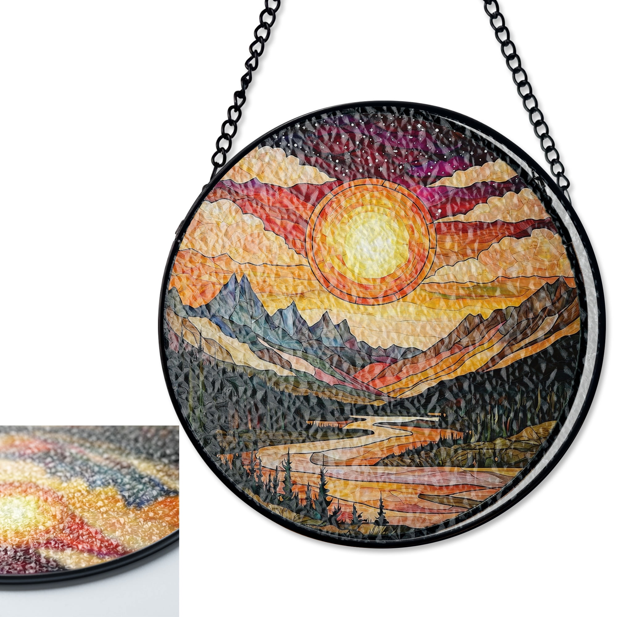 Dusk Sunset Landscape Stained Glass Suncatcher, Lakes and Mountains ...