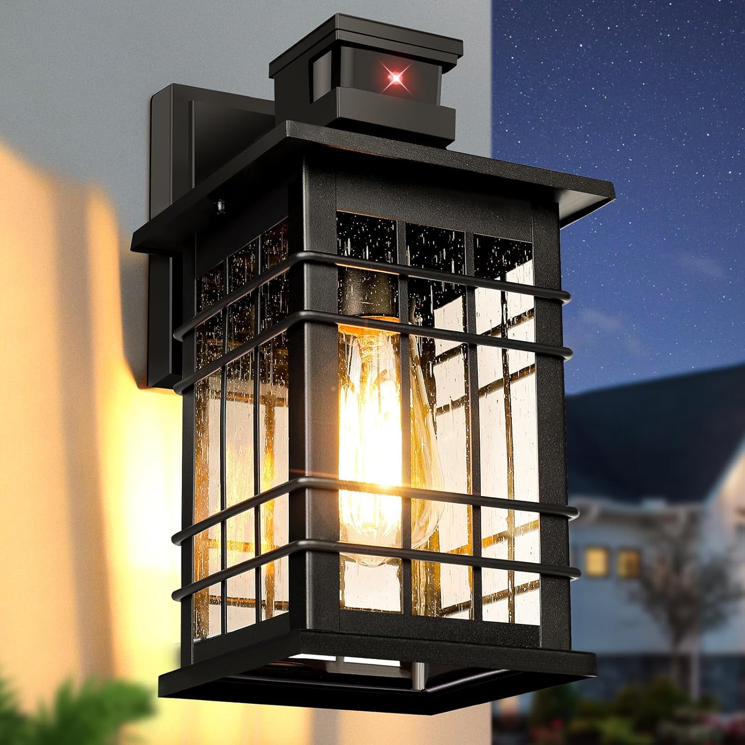 Dusk To Dawn Outdoor Wall Light with Motion Sensor, Matte Black Seeded ...