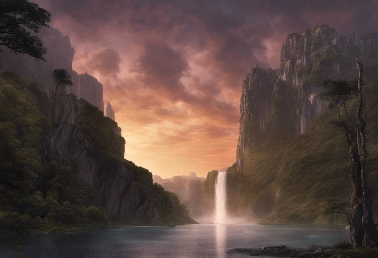 Dusk Waterfall Matte Painting I - 12" x 18" Art Print Wall Decor ...