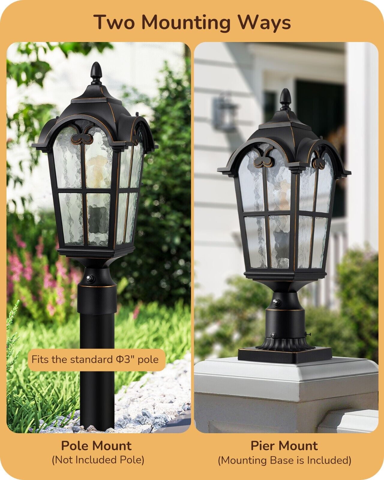 Dusk to Dawn Outdoor Post Light, Water Ripple Glass Exterior Lamp Post ...