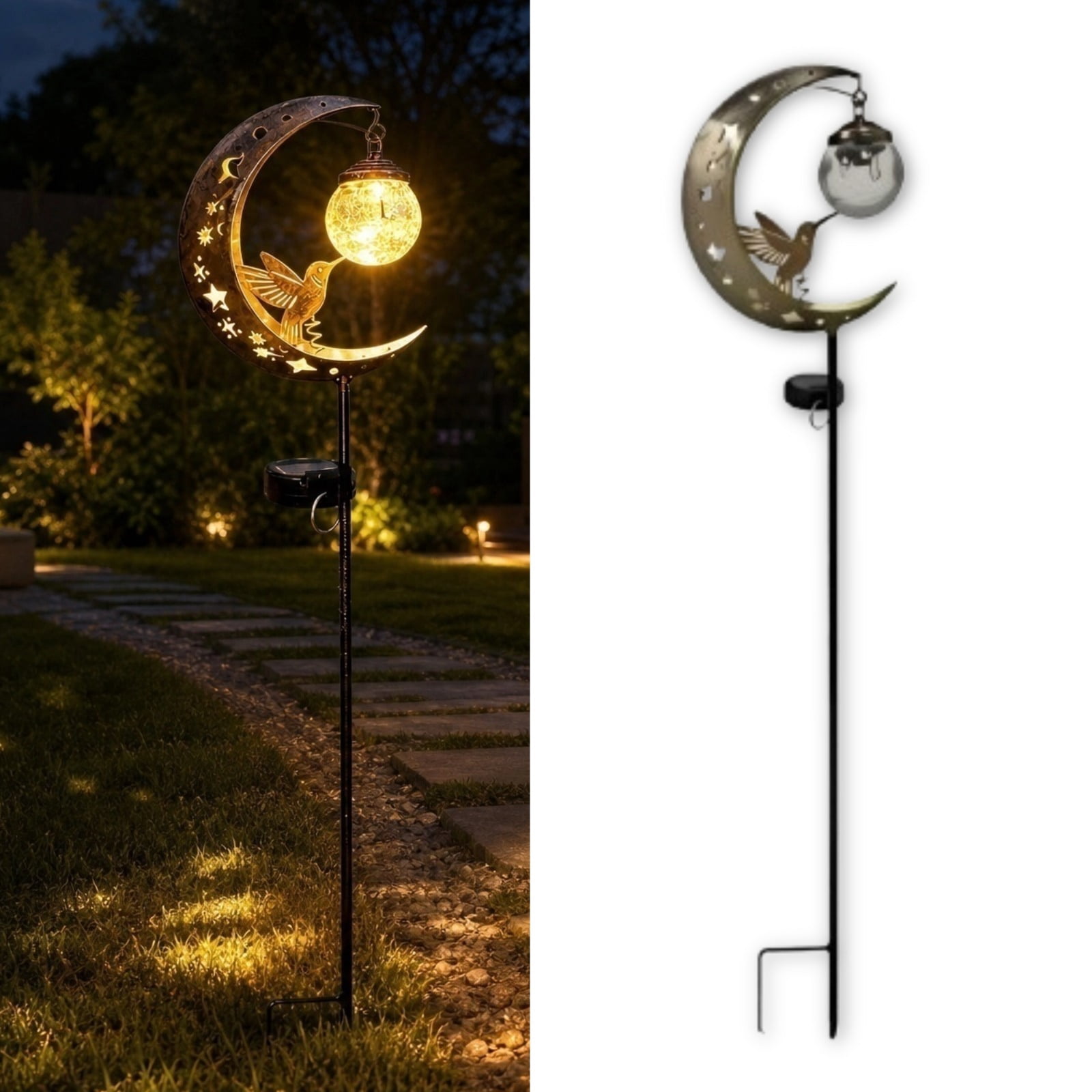 Dusk to Dawn Solar Stake Lights, Hummingbird Moon Shaped Outdoor Lamp ...