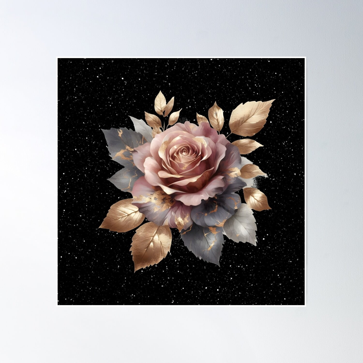 Dusky Rose Galaxy Bloom – Elegant Floral Art With Gold And Midnight ...