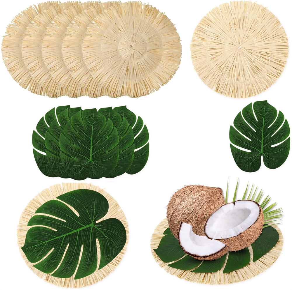 Duslogis 12pcs Luau Placemats and Palm Placemat, Round Luau Fringe ...