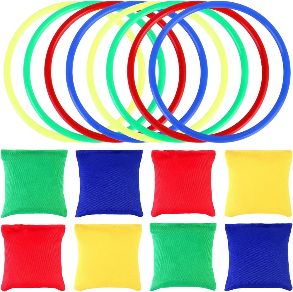 Duslogis 16pcs Nylon Bean Bags Plastic Rings Game Sets for Kids Ring Toss Game Booth Carnival ...