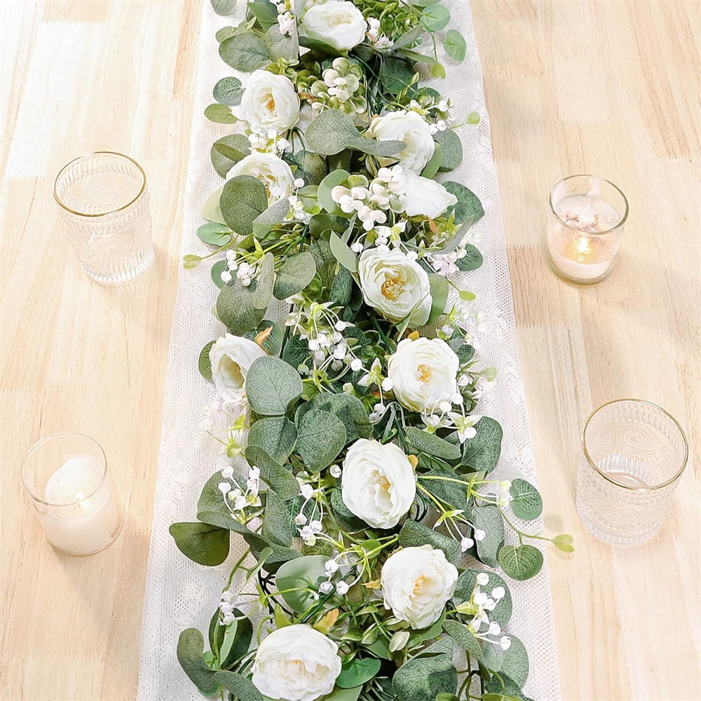 Duslogis 2 Pack 12 Ft Artificial Eucalyptus Flower Garland with White Roses, Fake Rose Flower ...