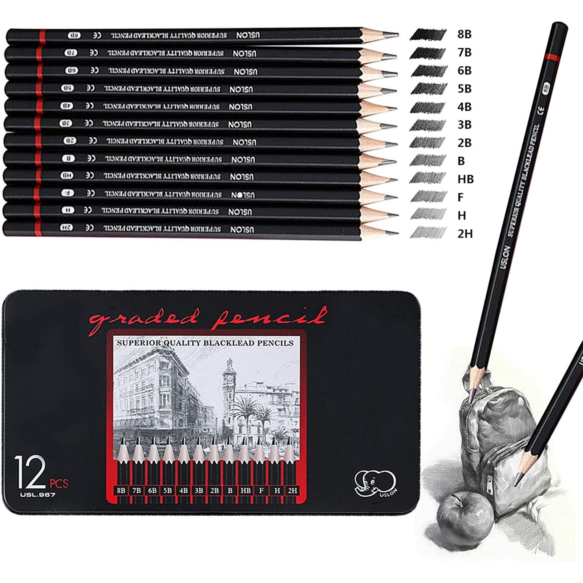 Duslogis Drawing Pencils 8B 7B 6B 5B 4B 3B 2B B HB F H 2H Graphite Sketching Pencils ...