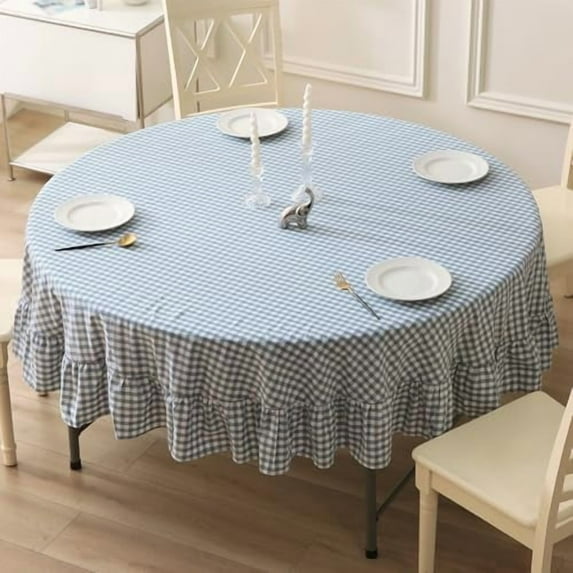 Dust Blue Plaid Ruffled Table Cloth Round Cover, 100% Washed Cotton ...