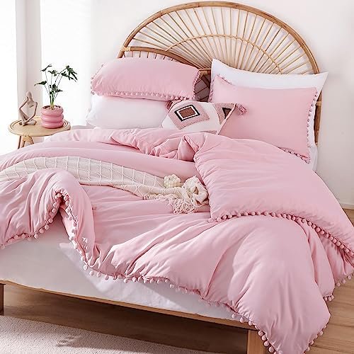 Dust Pink Full Size Ball Pom Fringe Design Comforter Set 3pcs, Boho ...