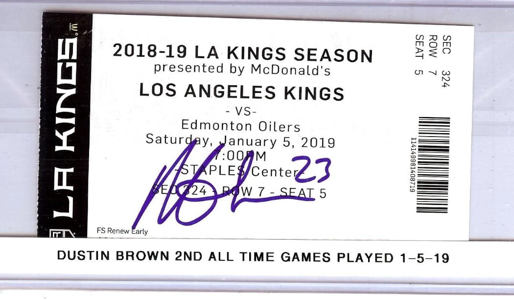 Dustin Brown Signed Autograph Ticket Stub 2nd All-Time Games Played JSA ...