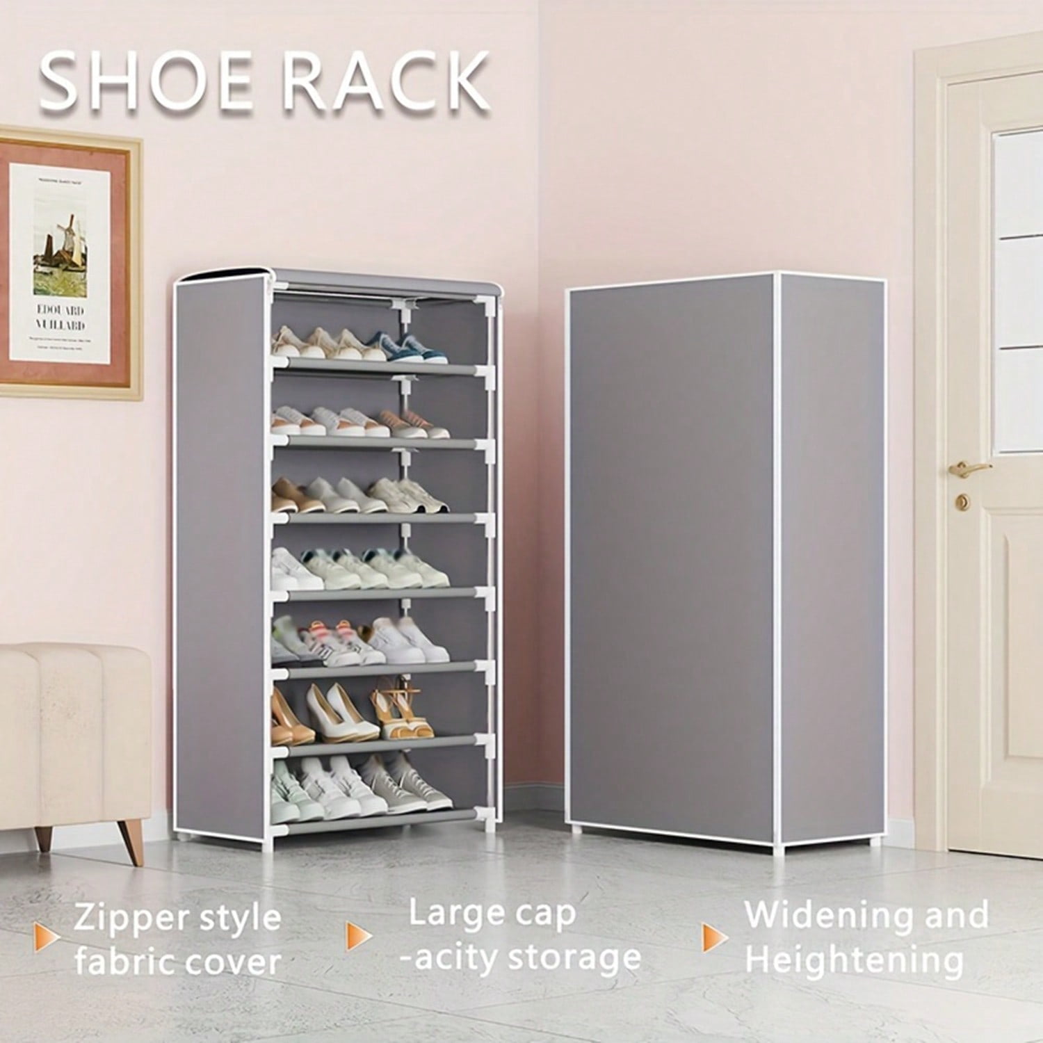 "Dustproof Shoe Rack with Fabric Cover - 4-Tier Free Standing Metal ...