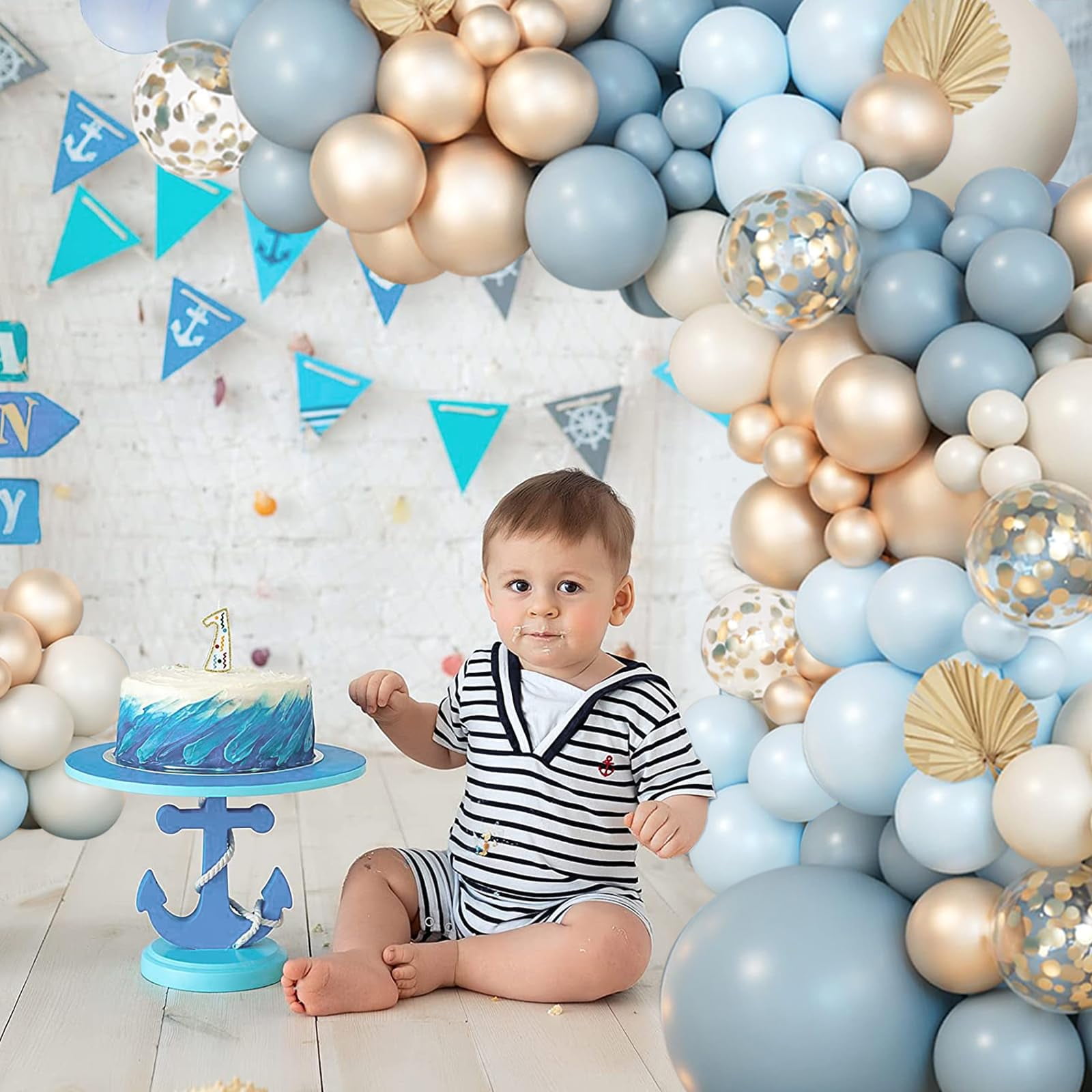 Dusty Baby Blue AJH3 Balloons Arch Garland Kit - Haze Blue Sand White Champagne Gold Dusty ...