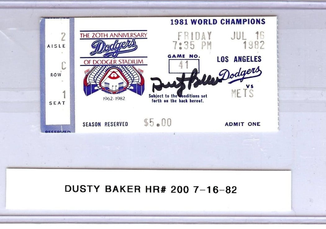 Dusty Baker Signed Autographed Ticket Stub Dodgers HR #200 7/16/82 JSA ...