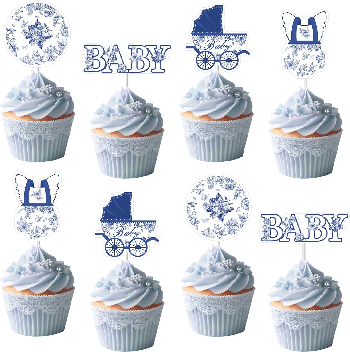 Dusty Blue Baby Shower Decorations 24PCS Dusty Blue Baby Shower Cake Topper Decorations Cupcake ...